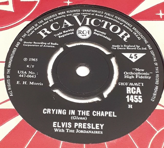 ELVIS PRESLEY'S 7& single RCA Victor 1455 Crying in the chapel 1965 NM ...