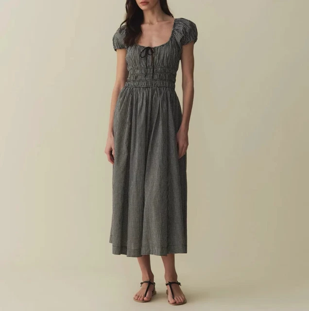 WOMEN DOEN CHECKED Puff Sleeve A-line Midi Dress $90.30 - PicClick