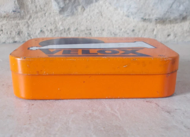 VINTAGE FRENCH BICYCLE repair kit VELOX Orange advertising tin box ...