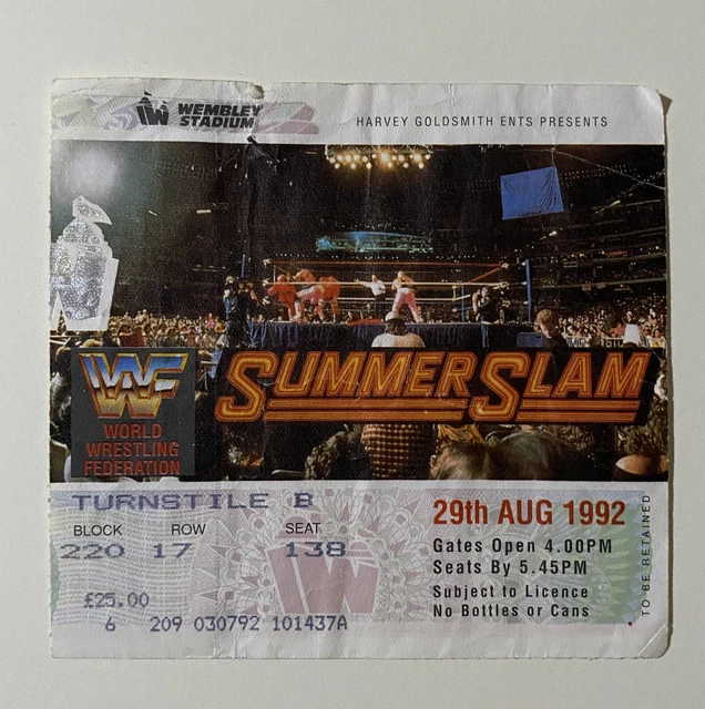 WWF WWE SUMMERSLAM 1992 ticket stub (Wembley Stadium event, Bret Hart ...
