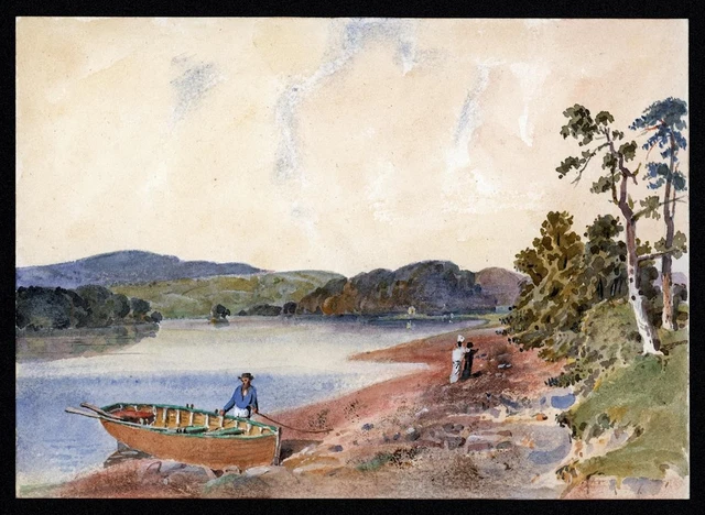 ROWING BOAT & FIGURES ON LAKE Small Victorian Watercolour Painting 19TH ...