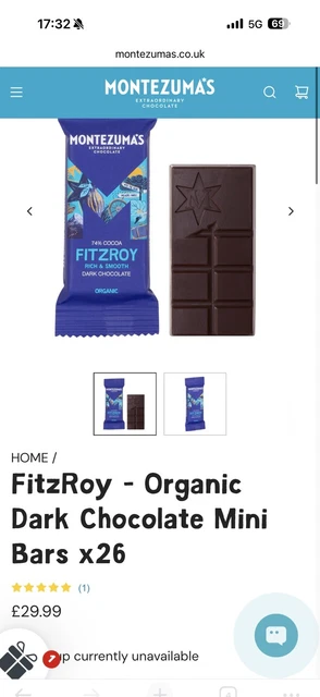 MONTEZUMAS CHOCOLATE FITZROY 74% Dark Organic mini bar 25g-30 Pack £18. ...