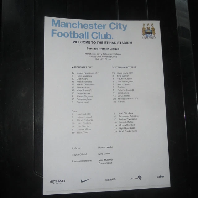 2013/2014 TEAMSHEET Manchester City v Tottenham Hotspur 24/11/2013 £1. ...