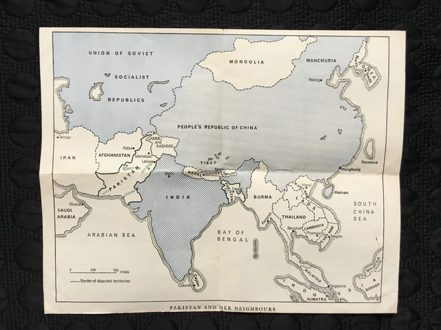 A SMALL VINTAGE 1960s Map of Pakistan Asia USSR China India Indus ...