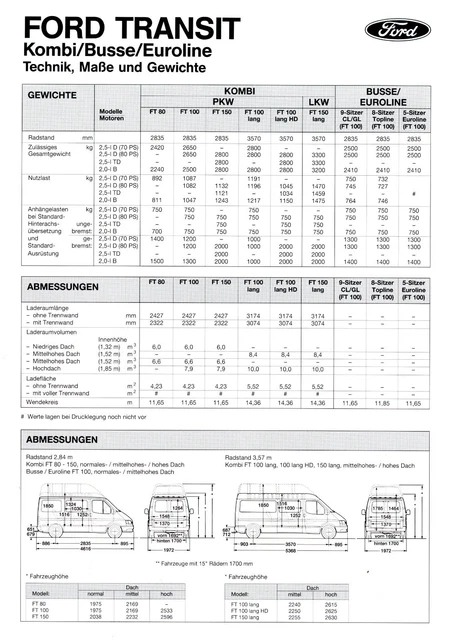 FORD TRANSIT KOMBI Bus Euroline Technik Maße Gewichte Prospekt 1990 9/ ...