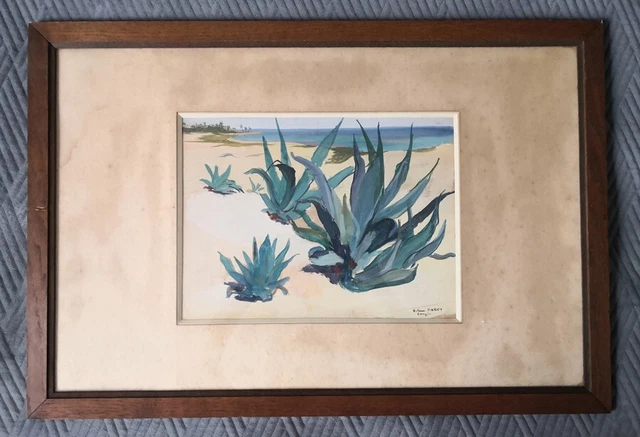 ANCIENNE AQUARELLE PAYSAGE Plage - Signée Helene FAREY + son CADRE / Watercolor EUR 90,00 ...