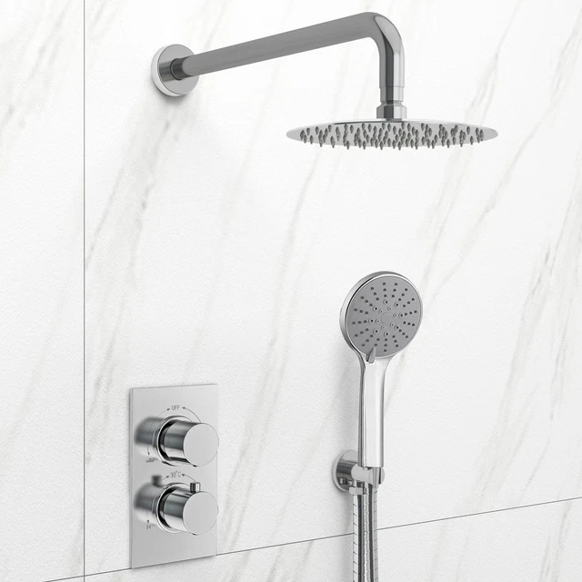 THERMOSTATIC SHOWER MIXER Round Chrome Bathroom Concealed Twin Head ...
