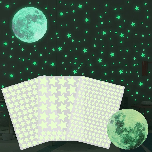 FLUORESCENT FULL LUNA Luminous Decals Glow In Dark Moon Stars Wall ...