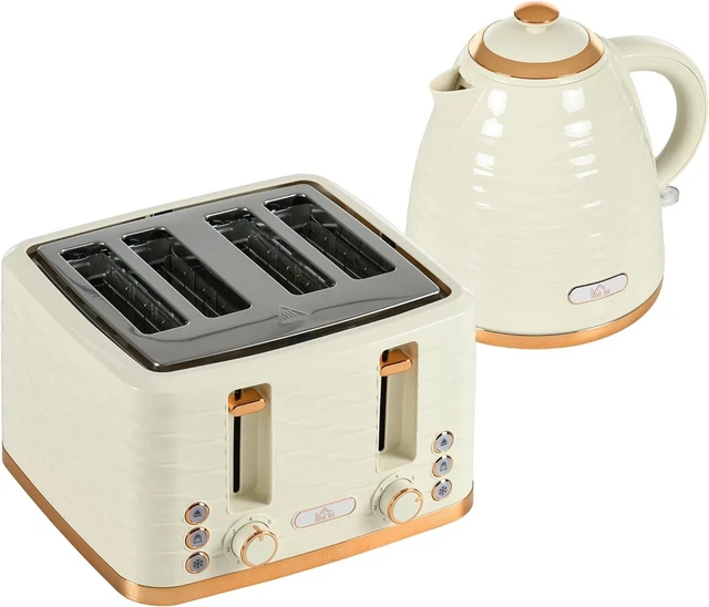 KETTLE 4 SLICE Toaster Set Rapid Boil Glossy Beige with Gold Rim 3000W ...