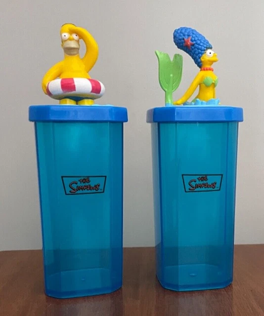 2005 HUNGRY JACKS The Simpsons 2x Homer Marge Drinking Cup blue plastic ...