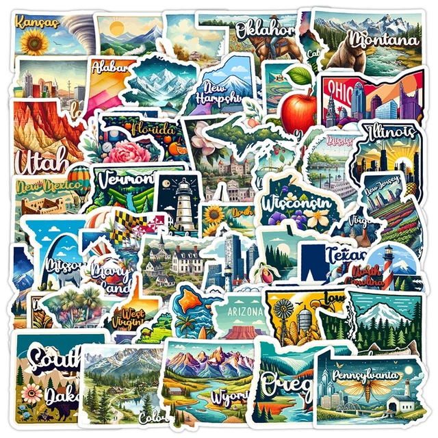 50PCS WATERPROOF STICKERS USA 50 States Clipart Travel City Luggage ...
