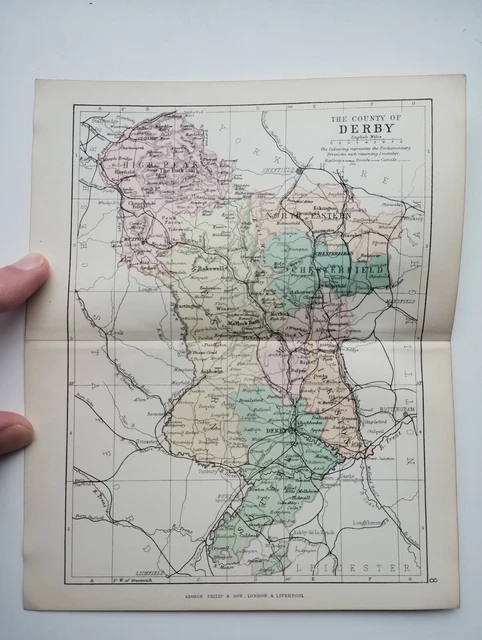 ANTIQUE/VINTAGE COUNTY MAP of DERBYSHIRE - Phillips Handy Atlas , 1887 ...