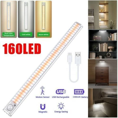 WIRELESS LED CLOSET Light PIR Motion Sensor USB Rechargeable Strip ...
