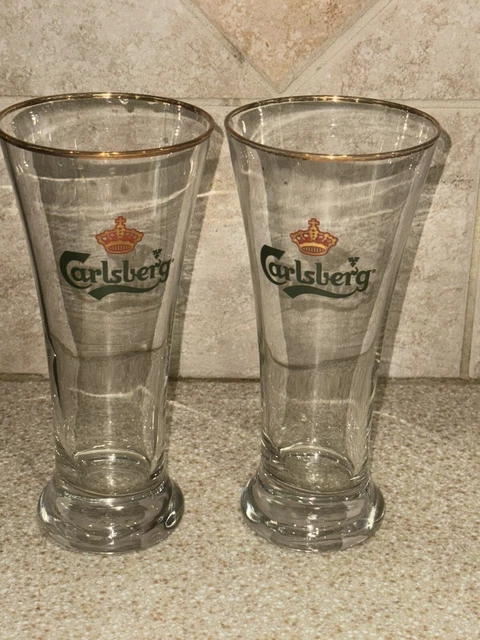 SET OF 2: Carlsberg Danish Beer Glass 7" Tall Gold Rimmed Brew 0.5 L £ ...