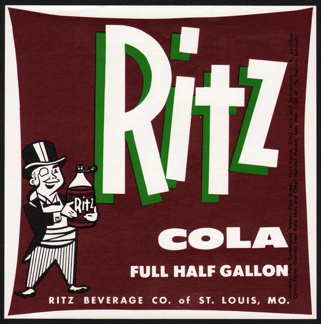 VINTAGE SODA POP bottle label RITZ COLA 1/2 gallon size St Louis ...