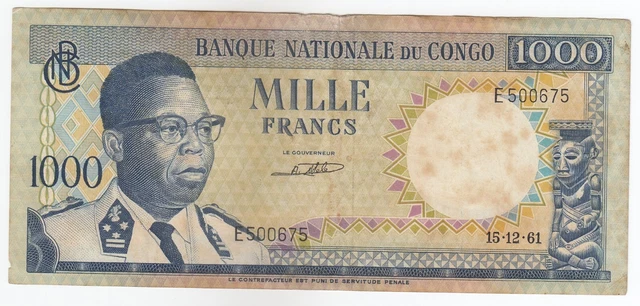 CONGO, 1000 FRANCS, 1961, Banque Nationale Du congo, P8, VF $26.52 ...