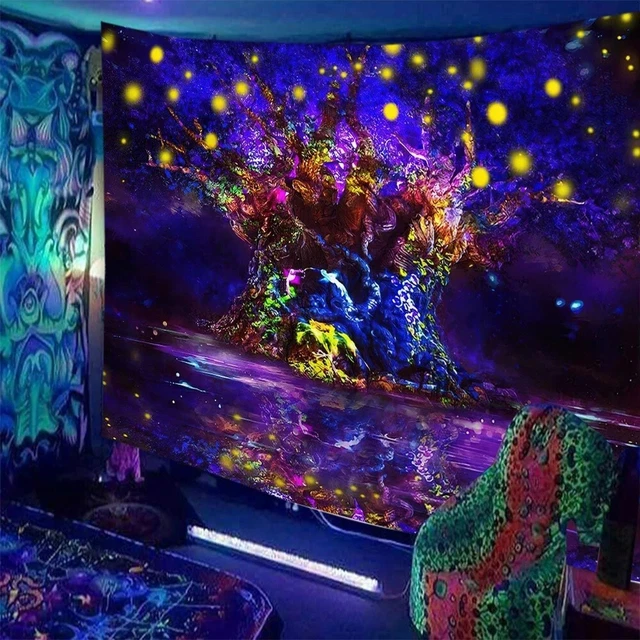 FLUORESCENT TAPESTRY WALL Hanging UV BlackLight Tree Art Print Home Dec ...