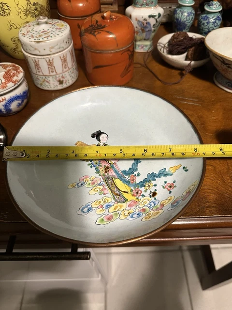 ANTIQUE VINTAGE CHINESE Canton Enamel Dish Plate Lady On Cloud Flower ...