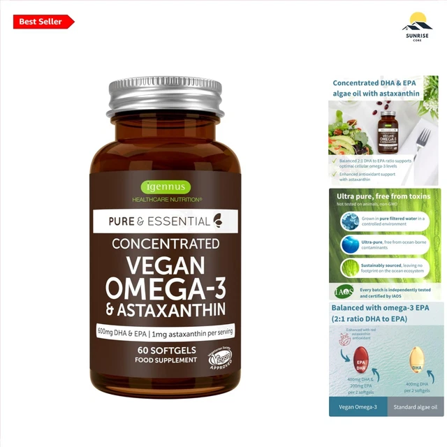 OMEGA-3 ALGAE OIL Softgels 1344mg DHA/EPA Antioxidant 60 Count £35.85 ...