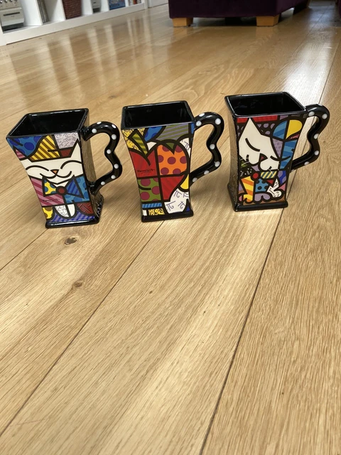ROMERO BRITTO POP Art Cubism Square Coffee Cups Tea Mugs 1x Sam Cat 1x ...