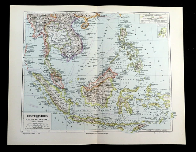 MALAYSIA MAP MALAY Archipelago Manila Siam Thailand Java GERMAN Antique ...