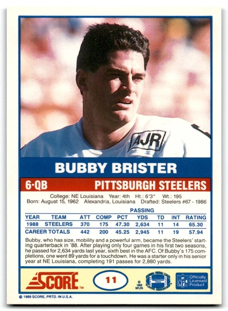 1989 SCORE BUBBY Brister recrue Pittsburgh Steelers #11 EUR 1,10 ...