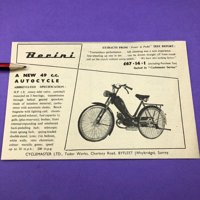 BERINI AUTOCYCLE MOPED Original 1955 Print Advert Cyclemaster Byfleet £ ...
