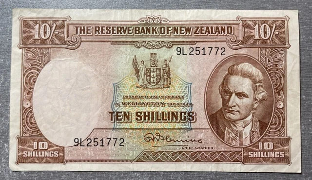 1 X 10 Shilling New Zealand Bank Note Flemming 9L 251772 Circulated $30 ...