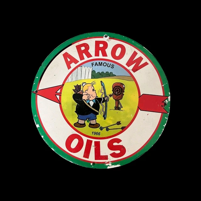 RARE ARROW OILS Porcelain Enamel Gas Station Oil Petrol Pump Mancave Ad ...