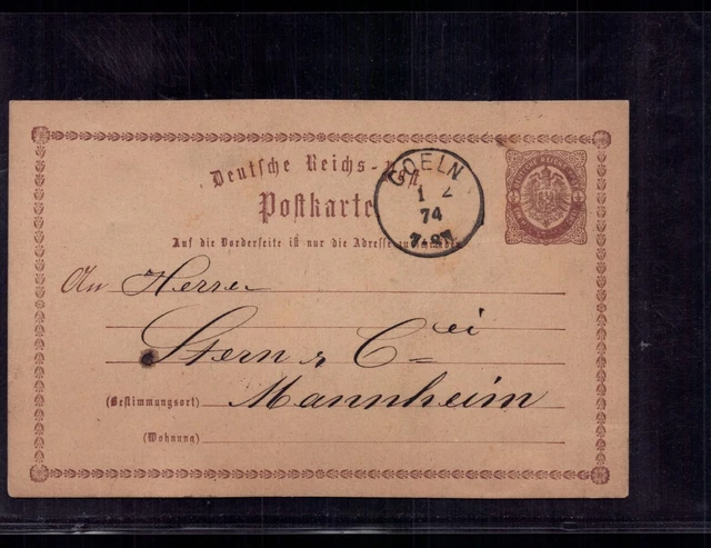 ENTIER DT. REICH Coeln Cologne à Mannheim 1874 EUR 8,00 - PicClick FR