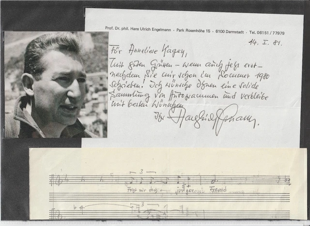 PROF. DR. HANS Ulrich Engelmann, orig sign Blatt mit Notenzeile, A4 EUR ...