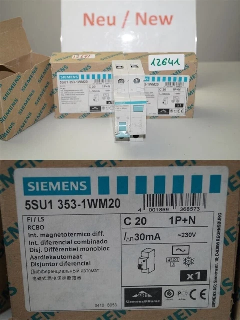 INTERRUTTORE DIFFERENZIALE MAGNETOTERMICO Siemens 20A 1P+N 30MA 4,5KA 5SU1353 EUR 29,00 ...