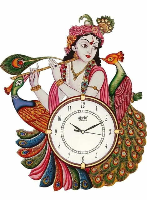 WOODEN ANTIQUE LORD Krishna Wall Clock with Peacock Designer (12 x 16.5 ...