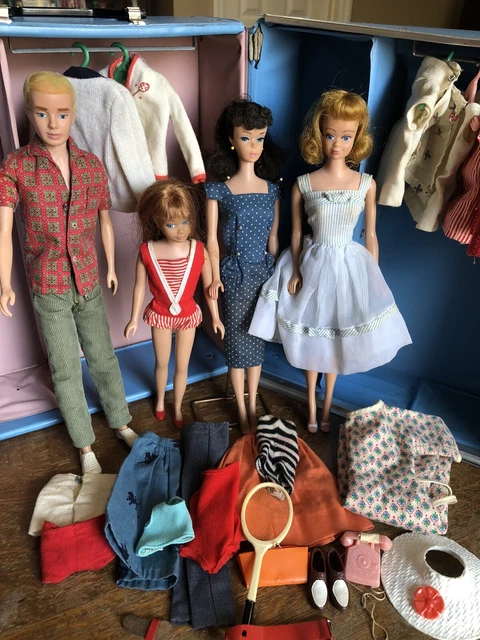 ORIGINAL VINTAGE MATTEL 1960s Barbie Ken Dolls w/ Clothing & Case Midge ...
