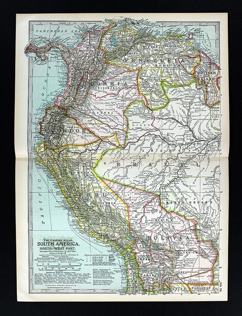 1897 CENTURY MAP South America Colombia Peru Bolivia Ecuador Brazil ...