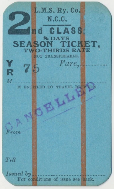 LMS NCC RAILWAY ticket 2nd cl 8 day Season ticket Unissued No Buyers ...