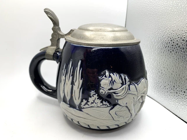 VINTAGE GERMAN BEER Stein Stoneware Pewter Lid Cobalt Salt Glaze Mug ...