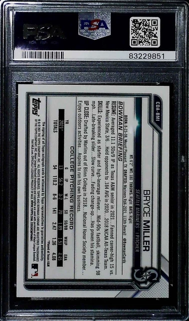 2021 BOWMAN CHROME Draft Autograph Bryce Miller 1st AUTO Rookie PSA 9 ...