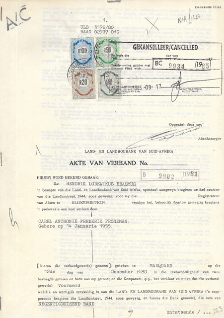SOUTH AFRICA 1981 Akte Van Verband No. B9802 Revenue Document £0.99 ...