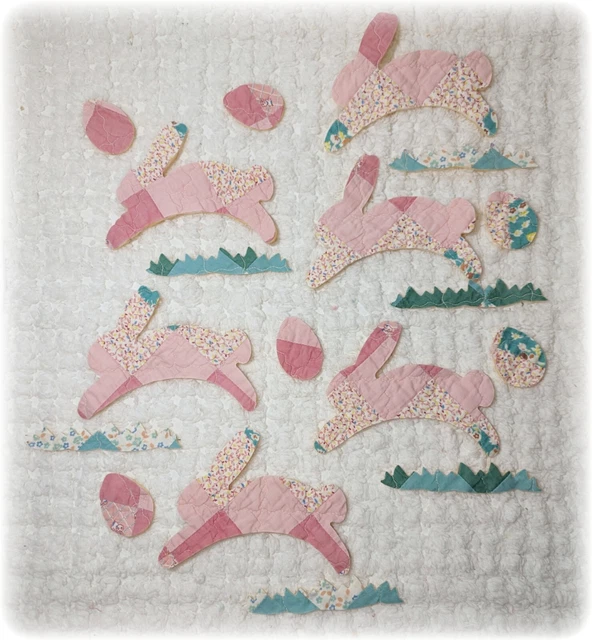 VINTAGE CUTTER QUILT FeedSack Bunny Rabbit Grass Egg Appliques Die Cuts ...