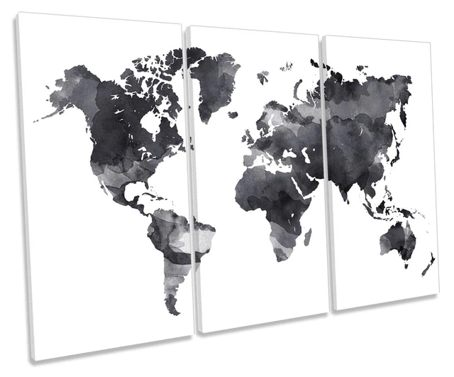 CARTE DU MONDE noir et blanc TOILE TRIPLE ART MURAL art imprimé EUR 43 ...
