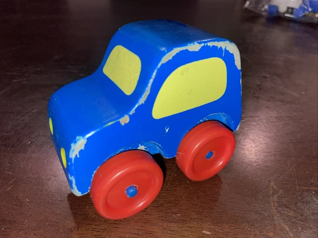 WOODEN TOY BLUE Car With Red Plastic Wheels # GY0210 Vintage £2.64 ...