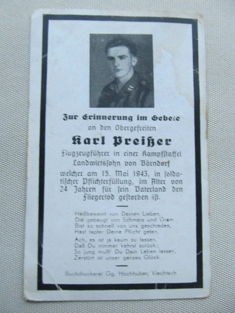 RARE WWII GERMAN Death Card, Young Pilot, DIED A FLIER'S DEATH ...