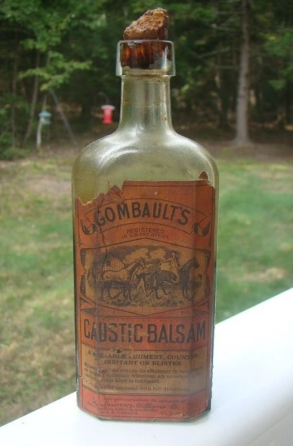 ANTIQUE LABELED GOMBAULT'S CAUSTIC BALSAM Cork Top Medicine Bottle w ...
