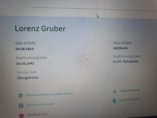 ORIGINAL GERMAN WW2 Death Card LORENZ GRUBER smg kmp fell 4mar1942 TSCHUDOWO EUR 11,38 - PicClick IT