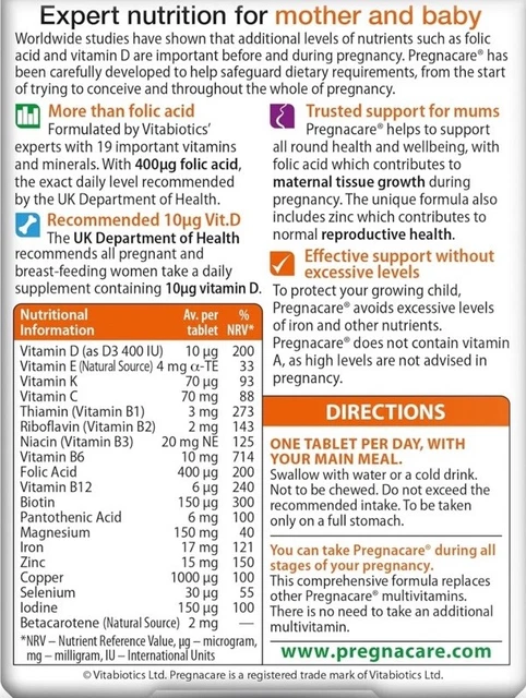 VITABIOTICS ORIGINAL PREGNACARE Dietary Supplement - 90 Tablets £10.79 ...