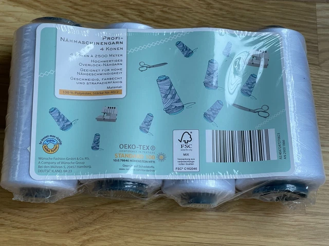 PROFI NÄHMASCHINENGARN 4 Konen x 2500 Meter mit hochwert. Overlockgarn ...