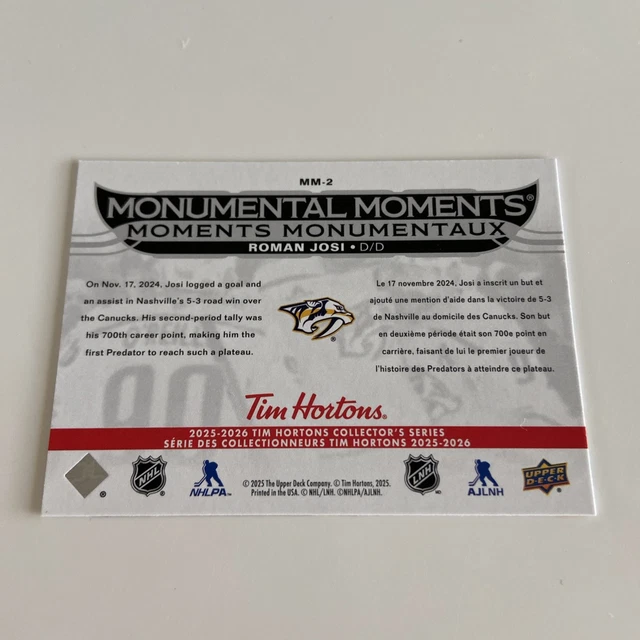 NHL CARD-ROMAN JOSI-MONUMENTAL Moments-Tim Hortons 2025-26-Predators ...