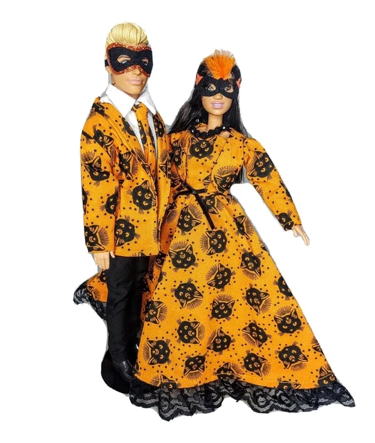 OOAK FASHION DOLL Set Masquerade Masks Orange Black Cat Outfits Halloween Decor $182.01 ...