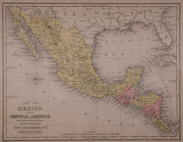 OLD ANTIQUE 1890 Mitchell's Atlas Map ~ MEXICO - CENTRAL AMERICA ~ Free ...